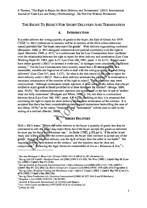 (PDF) THE RIGHT TO REJECT FOR SHORT DELIVERY AND TERMINATION