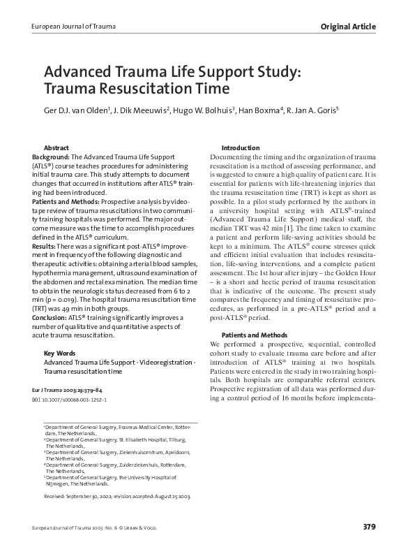 (PDF) Advanced Trauma Life Support Study: Trauma Resuscitation Time