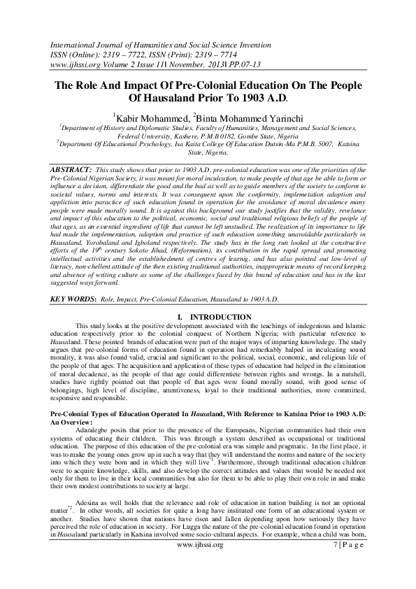 (PDF) The Role And Impact Of Pre-Colonial Education On The People Of ...