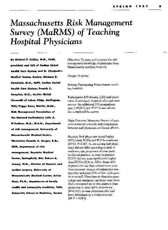 (PDF) Massachusetts risk management survey (MaRMS) of teaching hospital ...