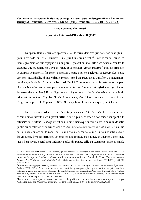 (PDF) Le premier testament d'Humbert II (1347)