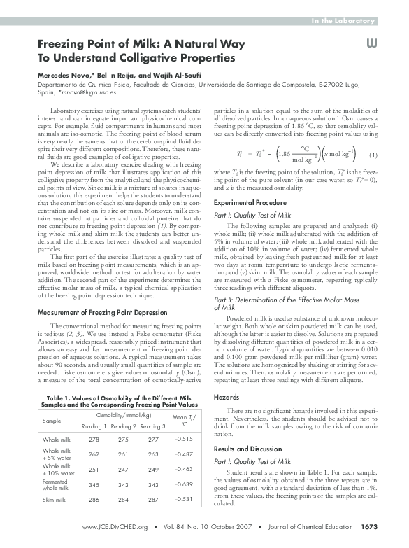 (PDF) Freezing Point of Milk: A Natural Way To Understand Colligative ...