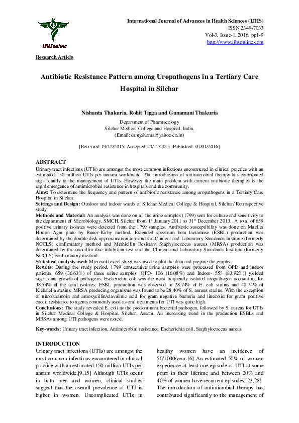 (PDF) Antibiotic Resistance Pattern among Uropathogens in a Tertiary Care Hospital in Silchar