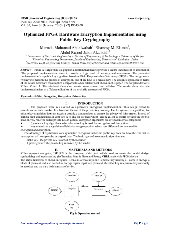 Pdf Optimized Fpga Hardware Encryption Implementation Using Public