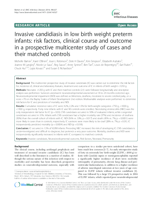 (PDF) Invasive candidiasis in low birth weight preterm infants: risk ...