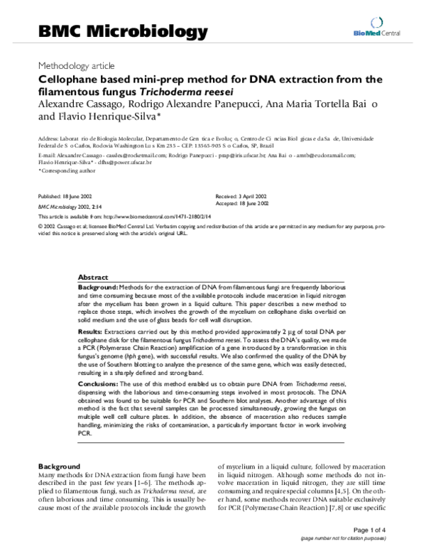 Pdf Cellophane Based Mini Prep Method For Dna Extraction From The Filamentous Fungus