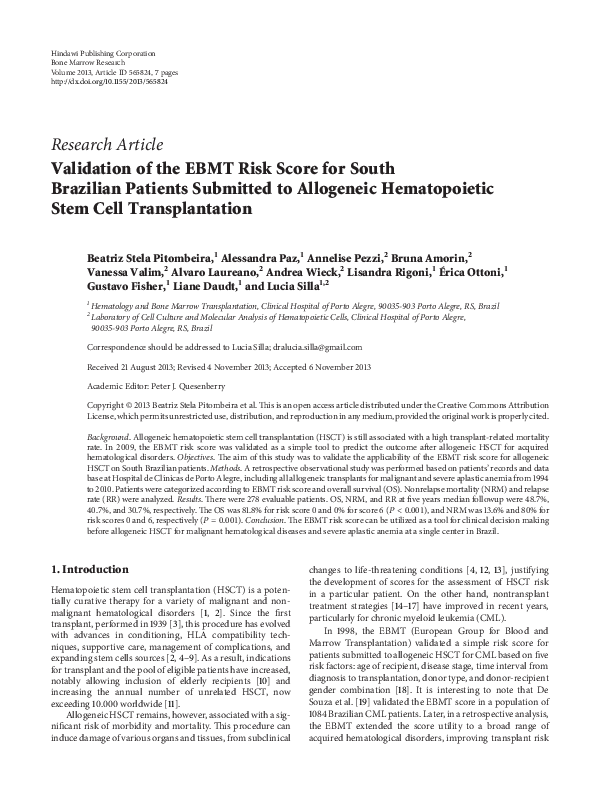 (PDF) Validation of the EBMT Risk Score for South Brazilian Patients ...