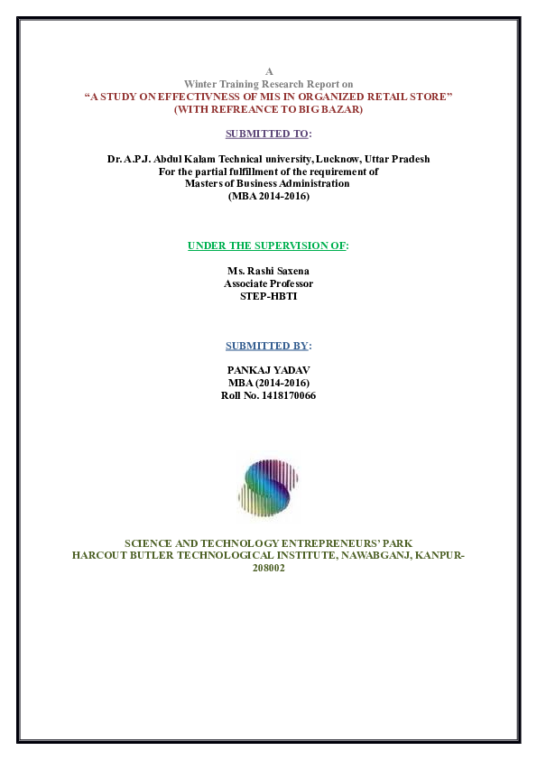 (DOC) A Winter Training Research Report on " A STUDY ON EFFECTIVNESS OF ...