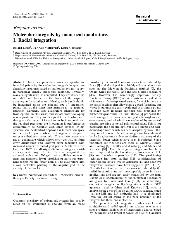 (PDF) Molecular integrals by numerical quadrature. I. Radial integration