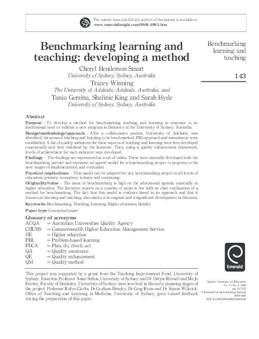 Pdf Benchmarking Learning And Teaching Developing A Method