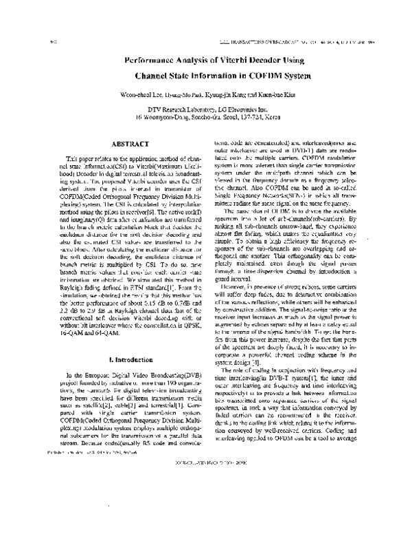 (PDF) Performance analysis of Viterbi decoder using channel state information in COFDM system