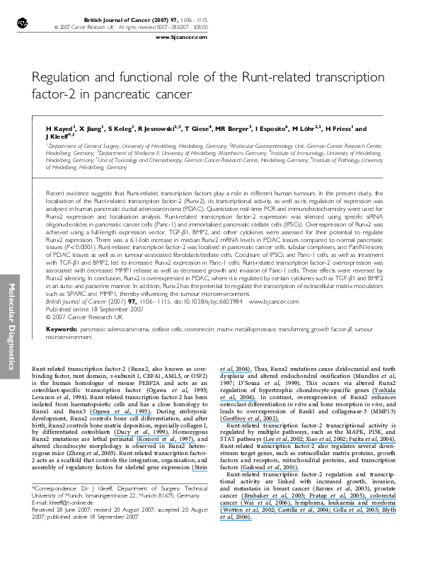 (PDF) Regulation and functional role of the Runt-related transcription factor-2 in pancreatic cancer