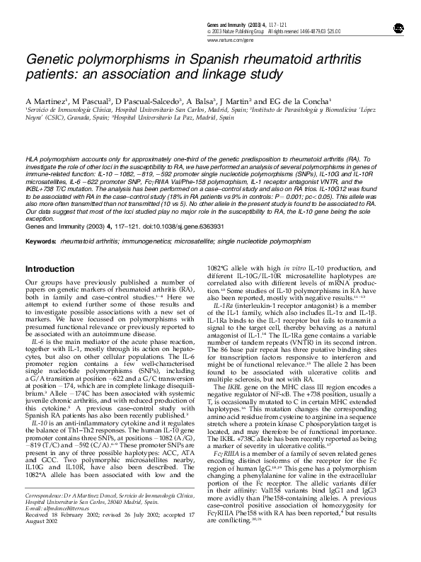 (PDF) Genetic polymorphisms in Spanish rheumatoid arthritis patients ...
