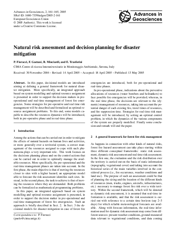 (PDF) Natural risk assessment and decision planning for disaster mitigation