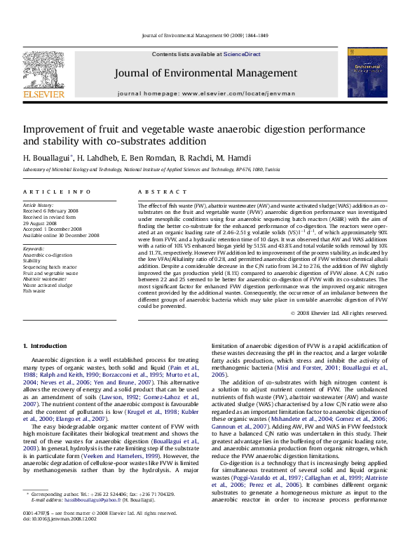 (PDF) Improvement of fruit and vegetable waste anaerobic digestion ...