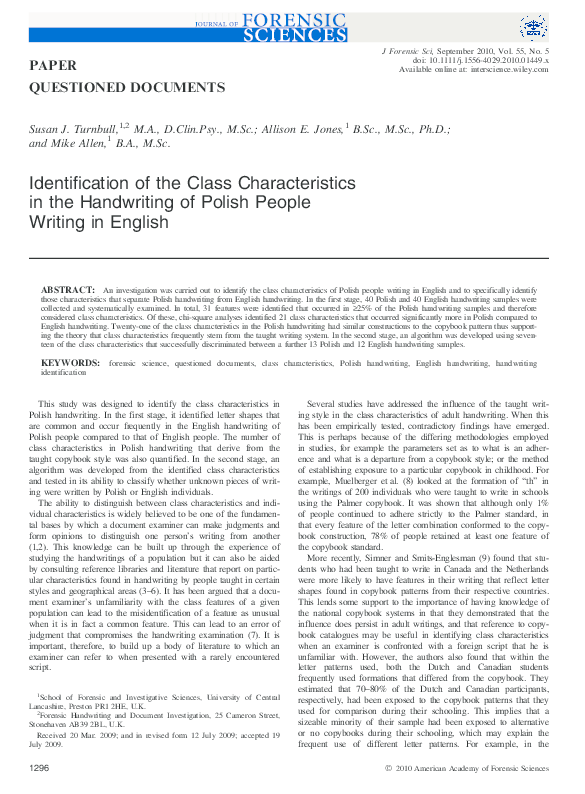 (PDF) Identification of the Class Characteristics in the Handwriting of ...