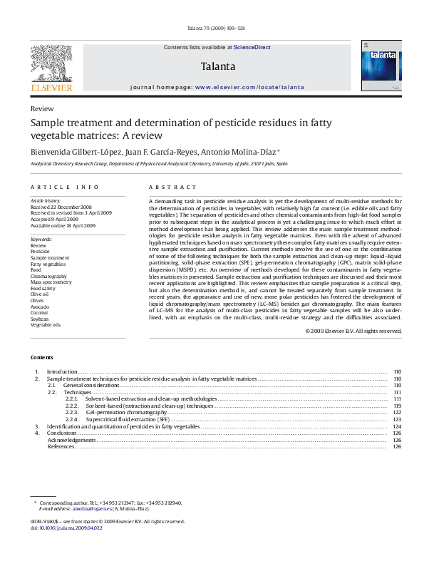 Pdf Sample Treatment And Determination Of Pesticide Residues In Fatty Vegetable Matrices A Review
