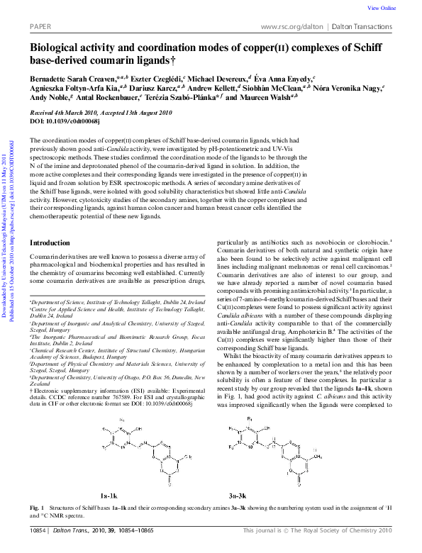 (PDF) Biological activity and coordination modes of copper(ii) complexes of Schiff base-derived ...