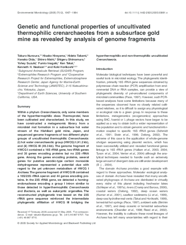 (PDF) Genetic and functional properties of uncultivated thermophilic ...
