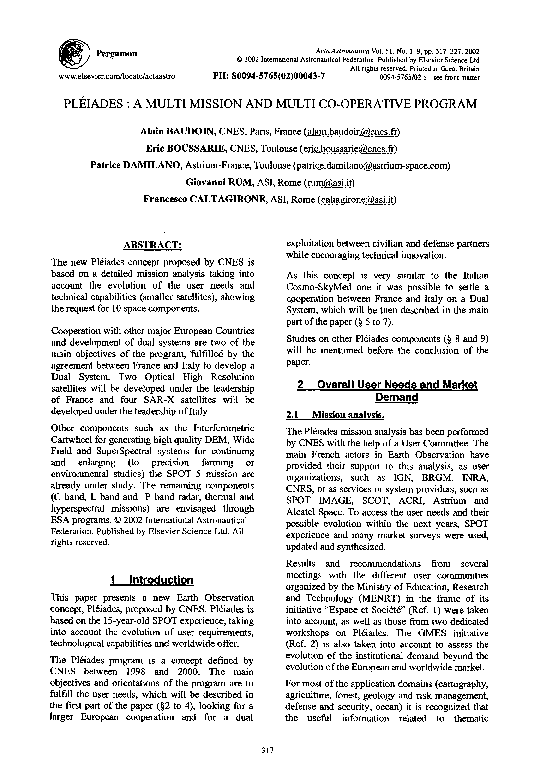 (PDF) Pléiades: A multi mission and multi co-operative program