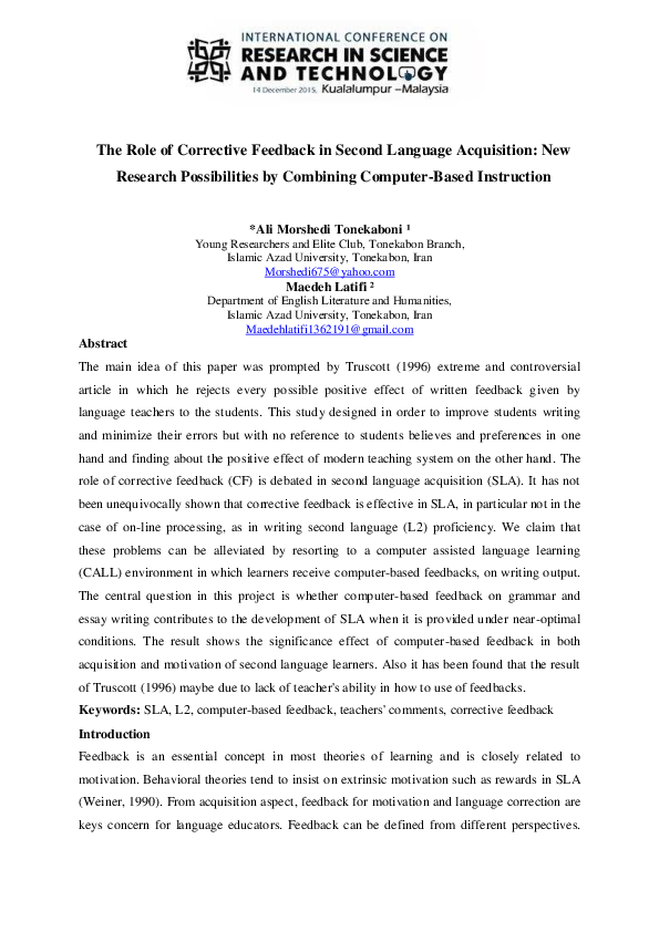 (PDF) The Role of Corrective Feedback in Second Language Acquisition: New Research Possibilities ...