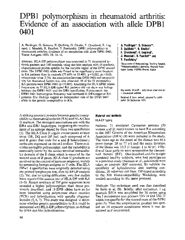 (PDF) DPB1 polymorphism in rheumatoid arthritis: Evidence of an association with allele DPB1 0401