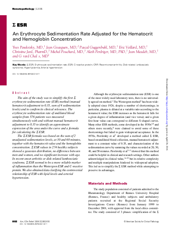 (PDF) S ESR: An Erythrocyte Sedimentation Rate Adjusted for the Hematocrit and Hemoglobin ...