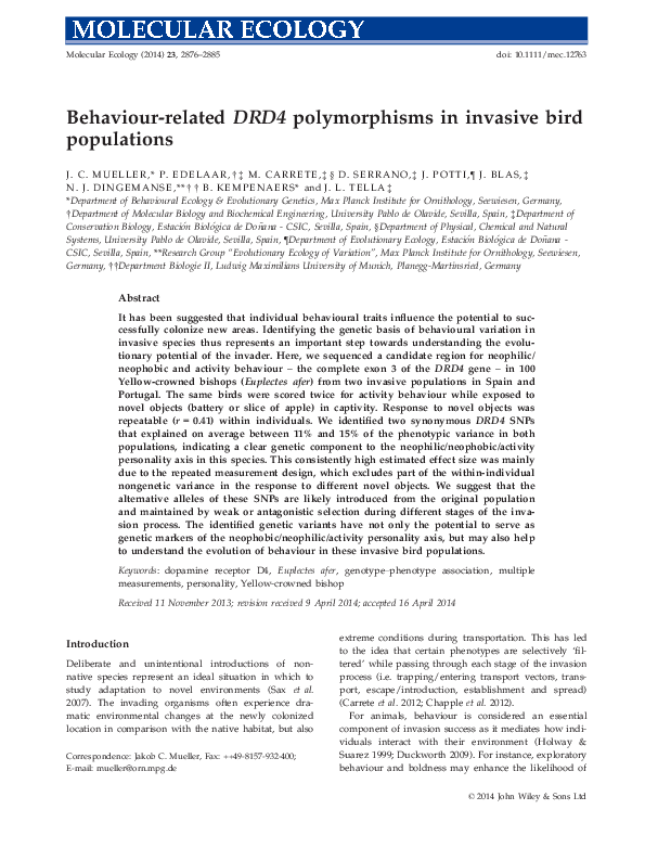 (PDF) Behaviour-related DRD4 polymorphisms in invasive bird populations