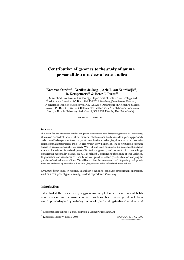 (PDF) Contribution of genetics to the study of animal personalities: a ...