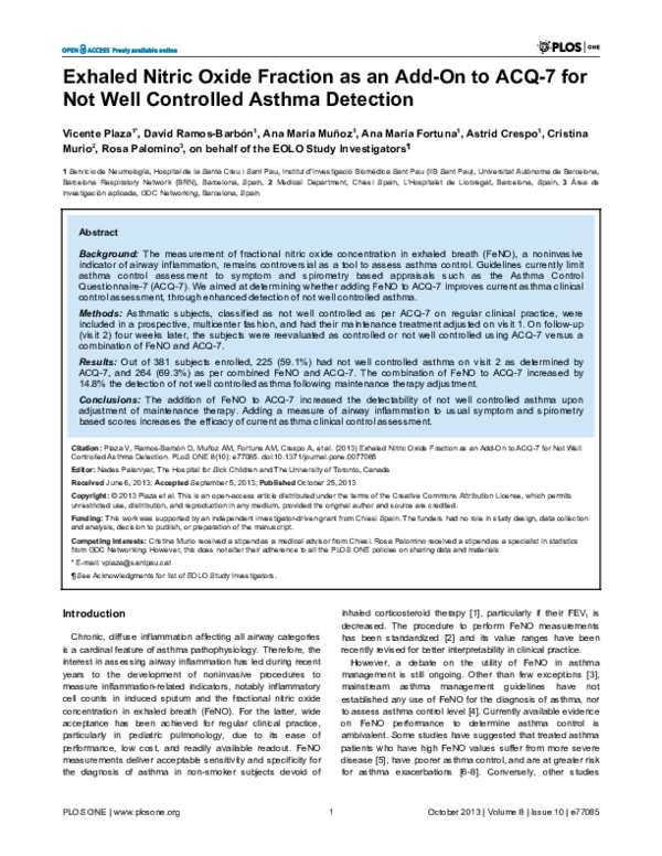 (PDF) Exhaled Nitric Oxide Fraction as an Add-On to ACQ-7 for Not Well Controlled Asthma Detection