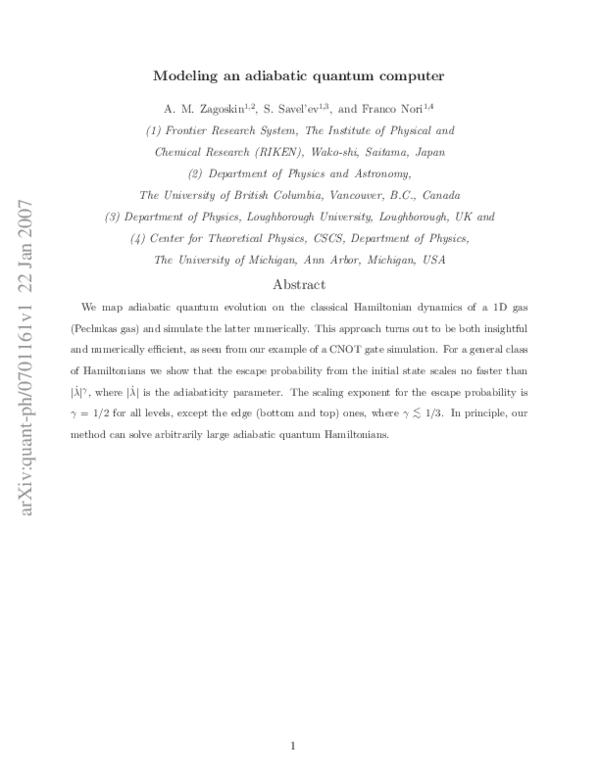 (PDF) Modeling an Adiabatic Quantum Computer via an Exact Map to a Gas of Particles