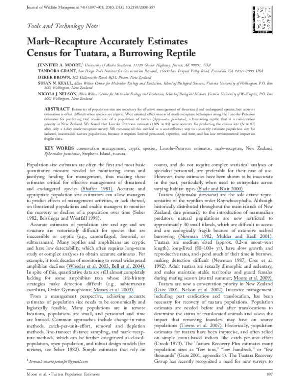 (PDF) Mark–Recapture Accurately Estimates Census for Tuatara, a ...