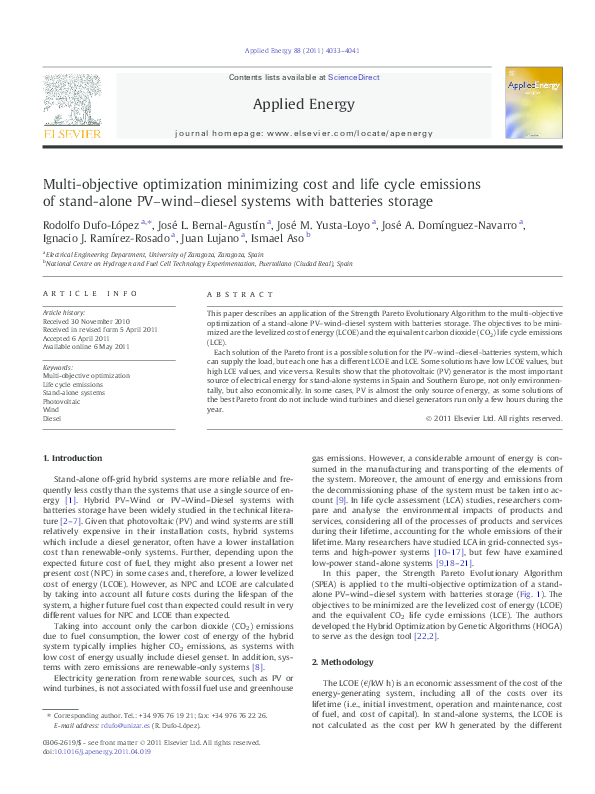 Pdf Multi Objective Optimization Minimizing Cost And Life Cycle Emissions Of Stand Alone Pv