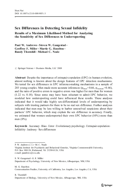 Pdf Sex Differences In Detecting Sexual Infidelity