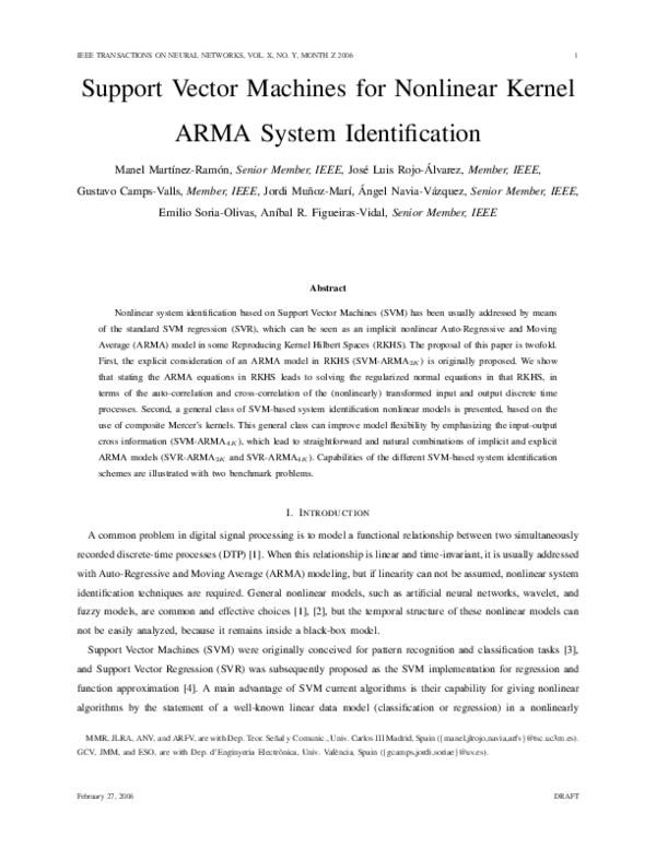 (PDF) Support Vector Machines for Nonlinear Kernel ARMA System Identification
