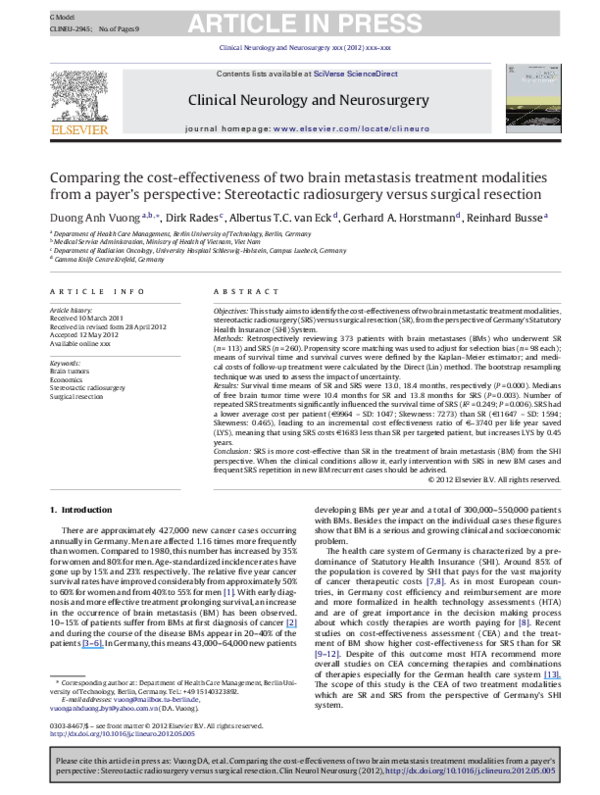 Pdf Comparing The Cost Effectiveness Of Two Brain Metastasis Treatment Modalities From A Payer