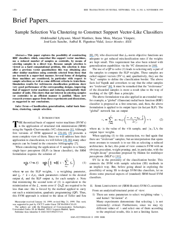 Pdf Sample Selection Via Clustering To Construct Support Vector Like Classifiers