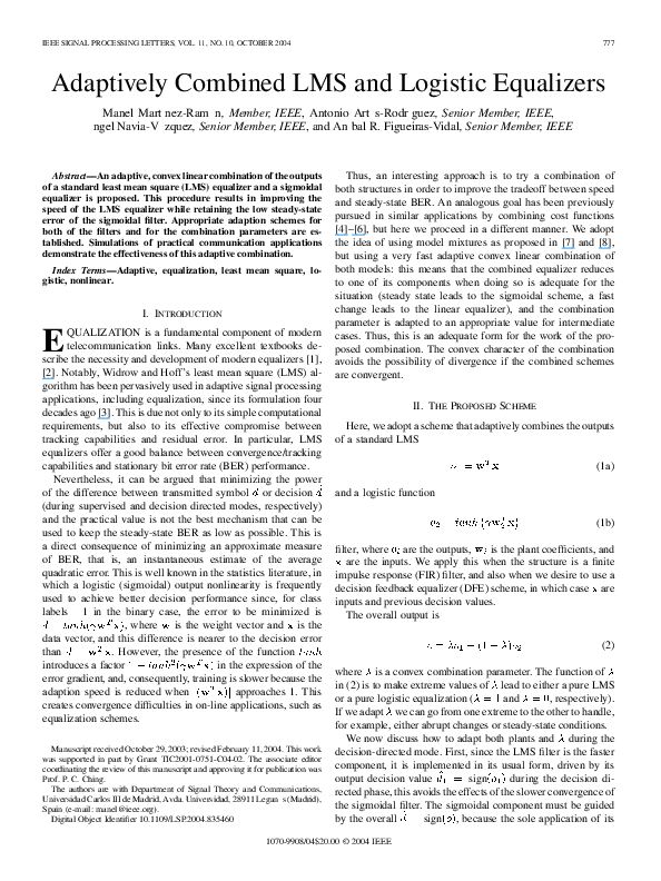 (PDF) Adaptively Combined LMS and Logistic Equalizers