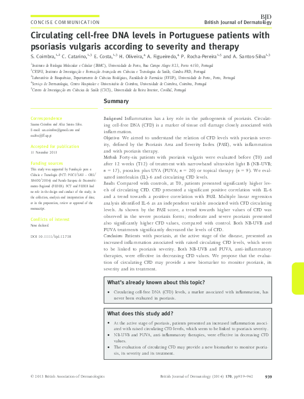 (PDF) Circulating cell-free DNA levels in Portuguese patients with psoriasis vulgaris according ...