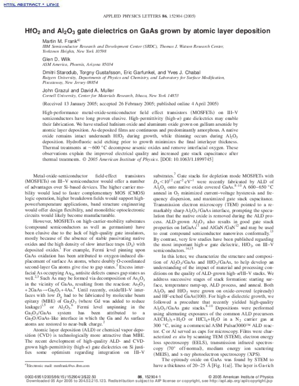 (PDF) HfO[sub 2] and Al[sub 2]O[sub 3] gate dielectrics on GaAs grown by atomic layer deposition