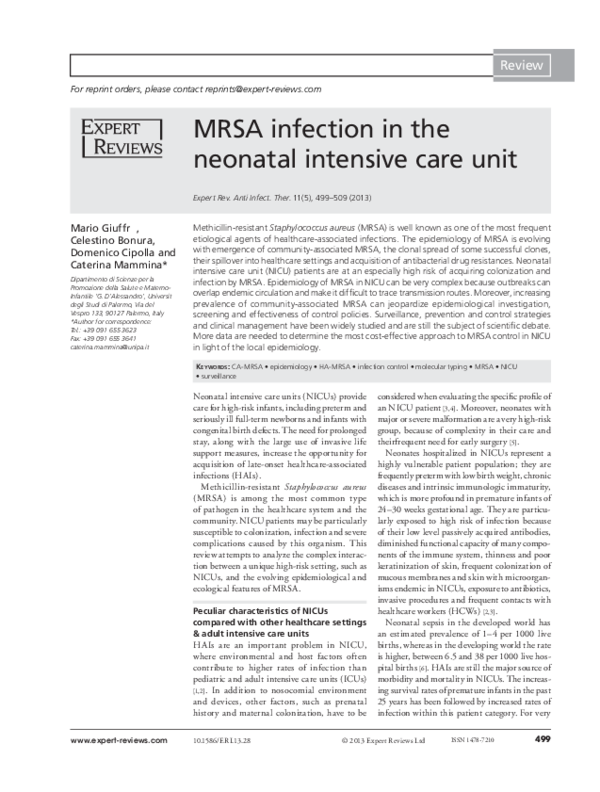 (PDF) MRSA infection in the neonatal intensive care unit