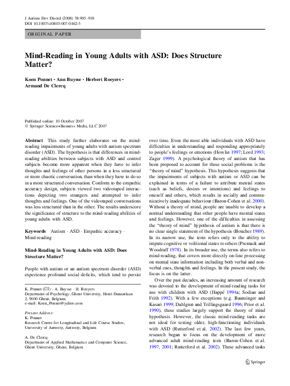 (PDF) Mind-Reading in Young Adults with ASD: Does Structure Matter?
