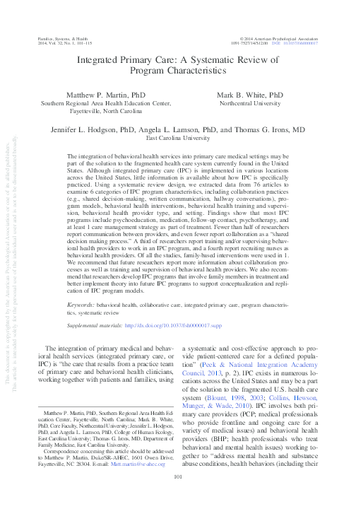 (PDF) Integrated primary care: A systematic review of program characteristics
