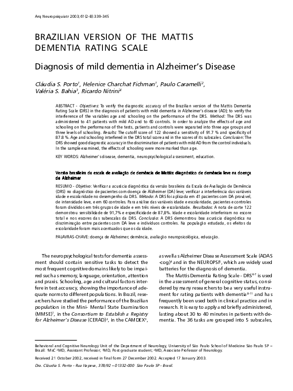 (PDF) Brazilian version of the Mattis dementia rating scale: diagnosis ...