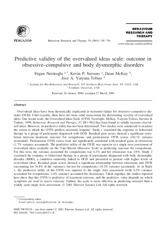 (PDF) Predictive validity of the overvalued ideas scale: outcome in ...