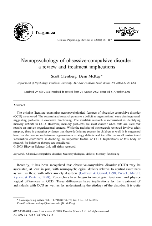 (PDF) Neuropsychology of obsessive-compulsive disorder: a review and ...