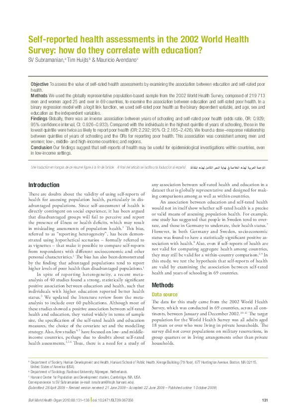 (PDF) Self-reported health assessments in the 2002 World Health Survey ...