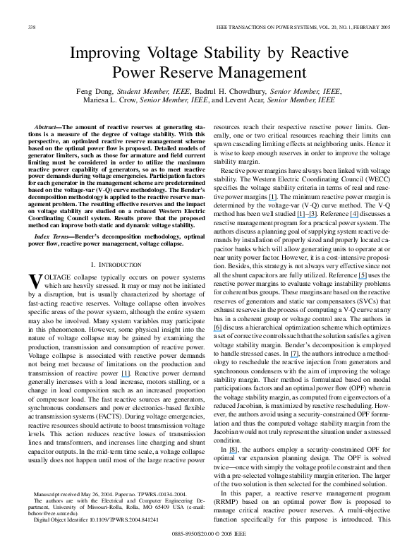 (PDF) Improving Voltage Stability by Reactive Power Reserve Management