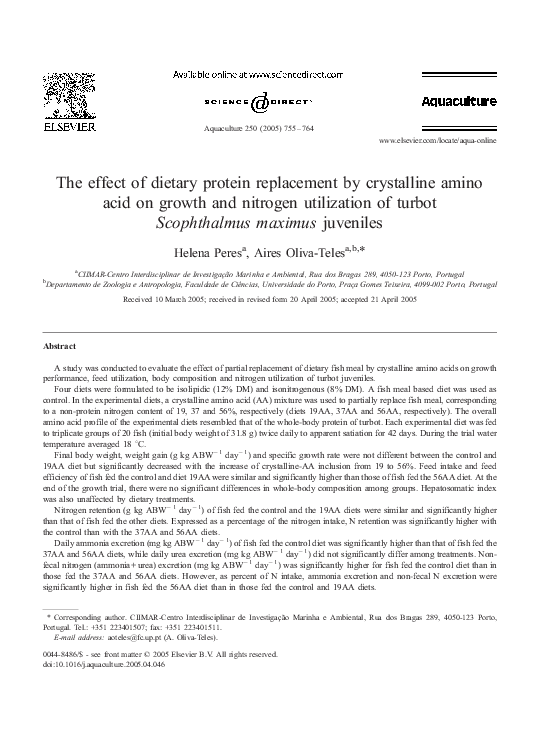 (PDF) The effect of dietary protein replacement by crystalline amino acid on growth and nitrogen ...
