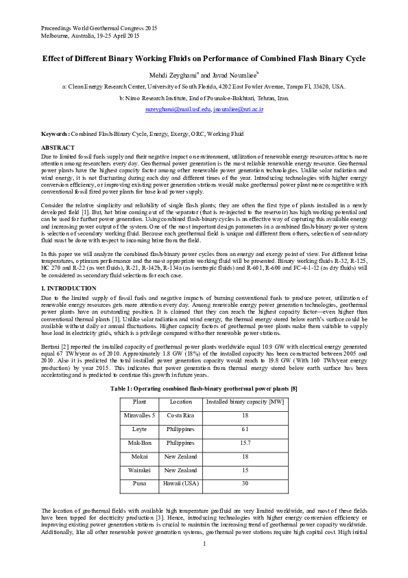 Pdf Effect Of Different Binary Working Fluids On Performance Of Combined Flash Binary Cycle